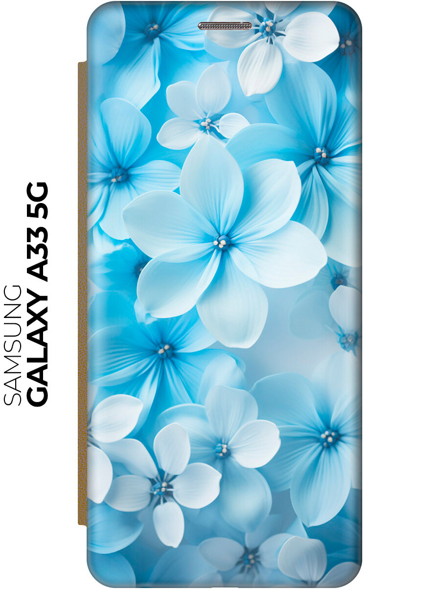 Чехол-книжка на Samsung Galaxy A33 5G / Самсунг А33 5Г с рисунком "Бело-голубые цветы" золотой