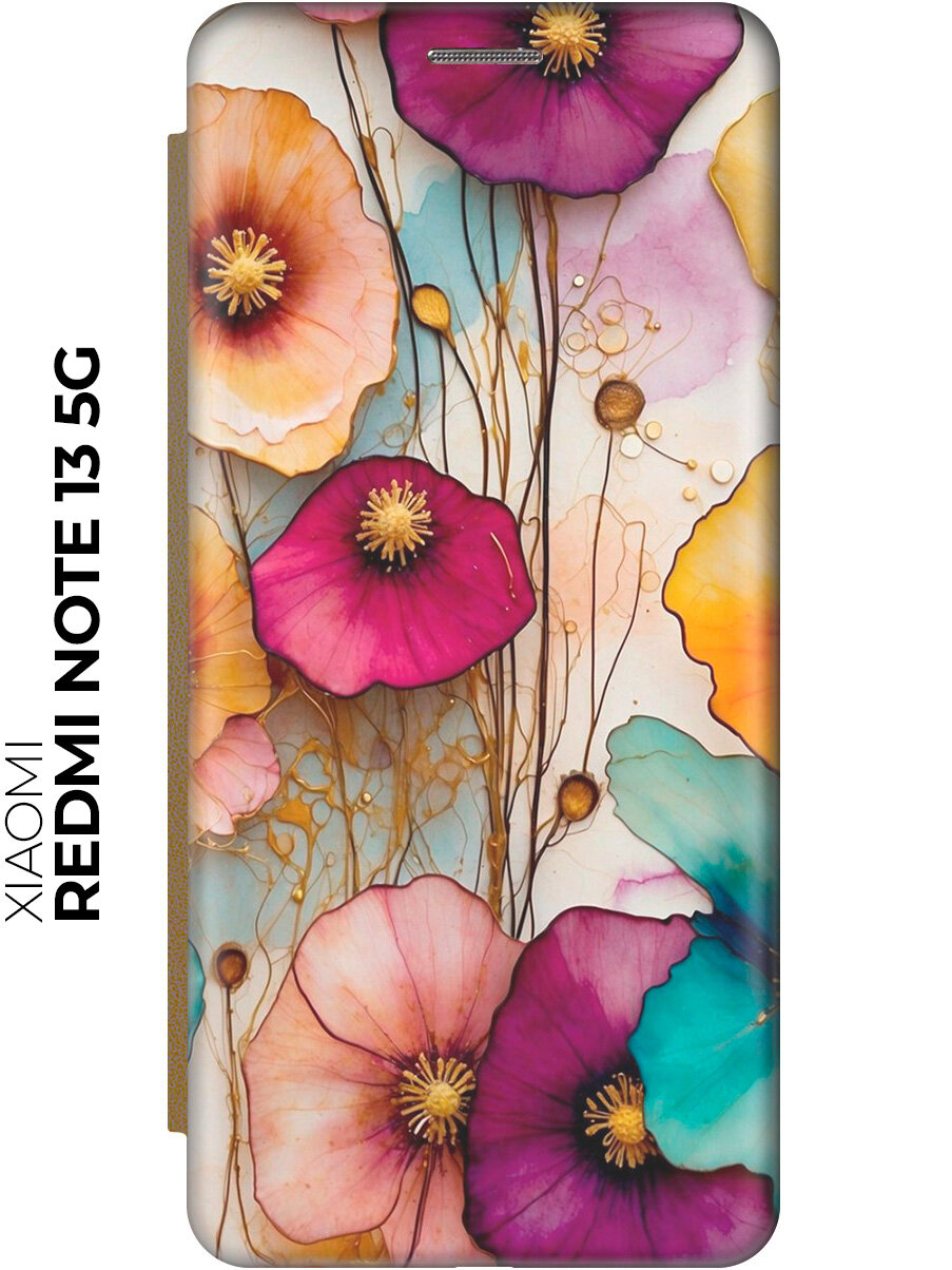 Чехол-книжка на Xiaomi Redmi Note 13 5g / Сяоми Редми Ноут 13 5г с рисунком "Панно из цветов" золотой