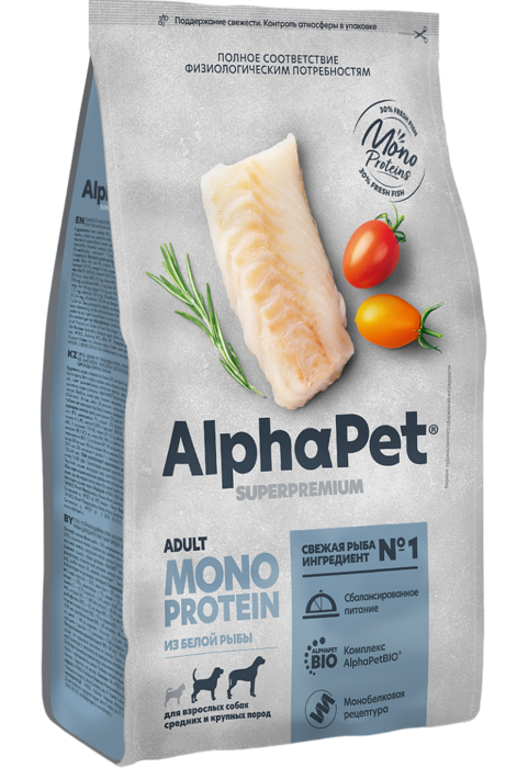 Сухой корм Alphapet Monoprotein для взрослых собак средних и крупных пород с белой рыбой, 2 кг