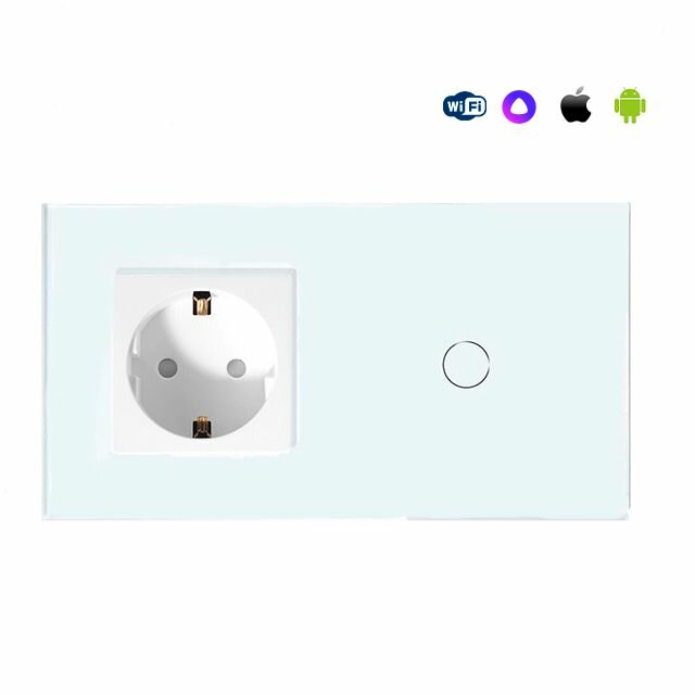 Сенсорный выключатель одноклавишный с розеткой MVAVA Wi-Fi, умный, с Алисой, для умного дома, с подсветкой, стекло, с заземлением, белый