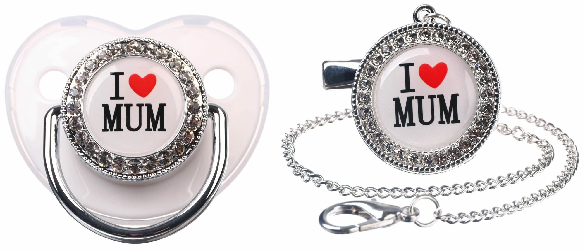 Пустышка ортодонтическая "I LOVE MUM" с колпачком, детская соска со стразами, для малышей от 6 месяцев, белый/серебро