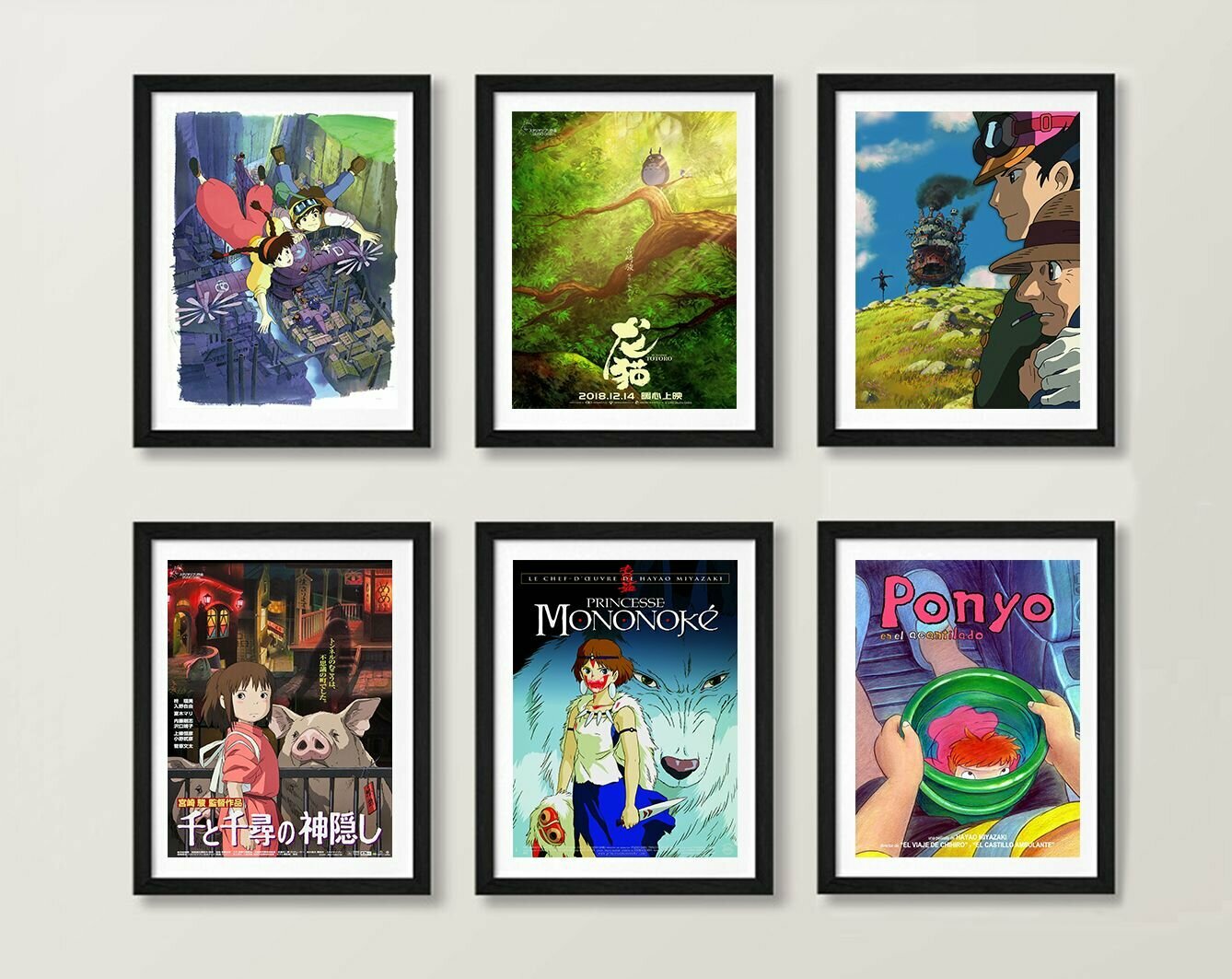 Киноплакаты к мультфильмам "Унесенные Призраками, Мононоке, Рыбка Поньо, Тоторо" Гибли, 6 шт, размер А4, без рамы. Ретро афиши постеры к фильмам аниме Хаяо Миядзаки