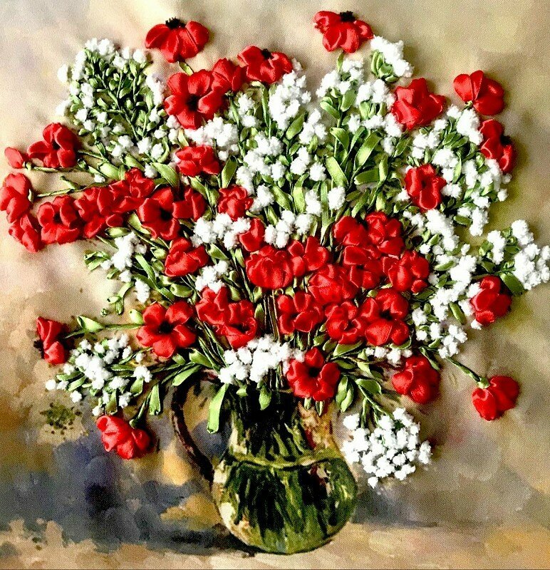 Набор для вышивания FeDi #ЛП3513 Красные огоньки, Вышивка лентами, 32 х 32 см