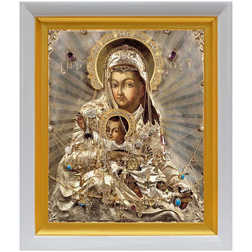 Киккская икона Божией Матери "Милостивая", XVIII в, в белом киоте 19*22,5 см