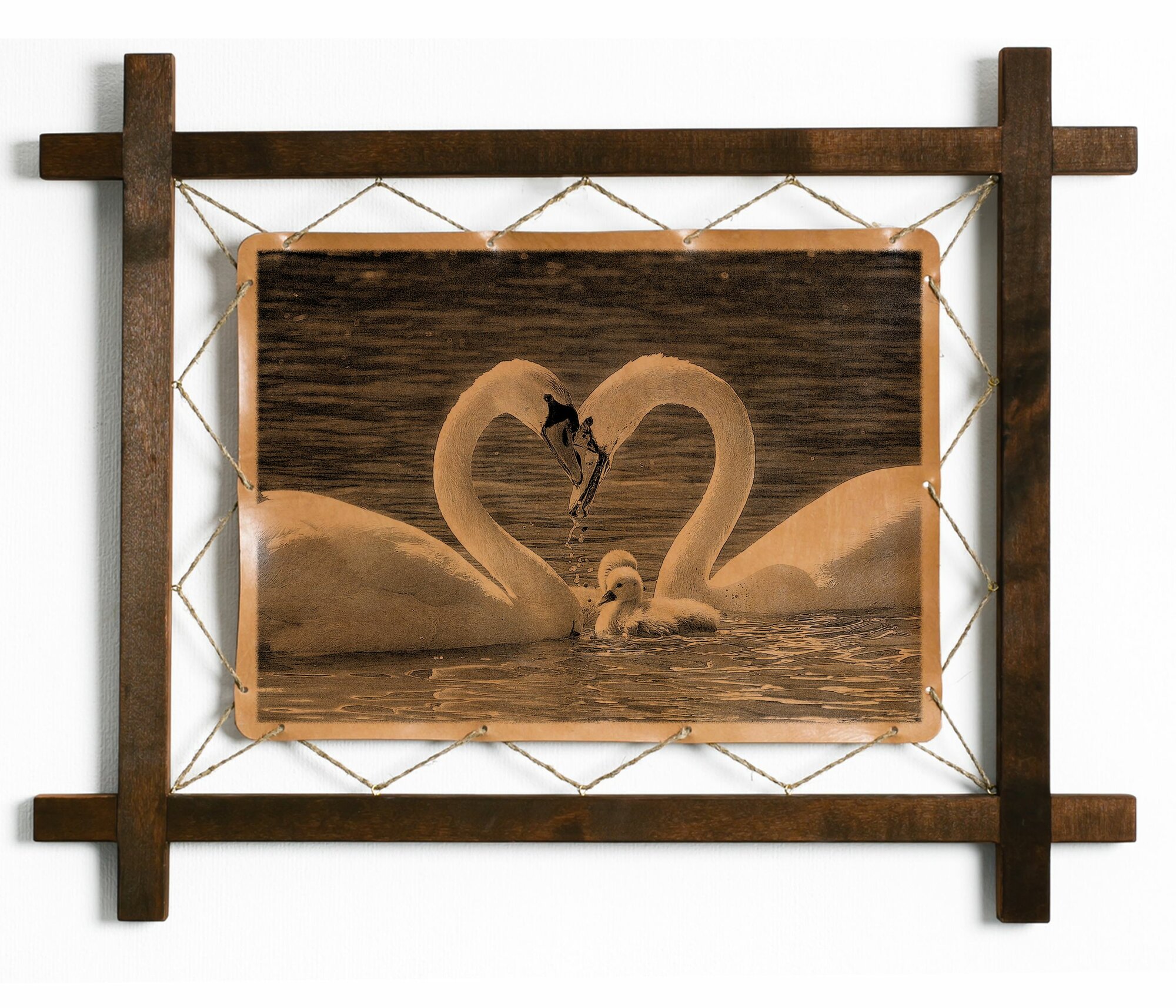 Картина интерьерная, натуральная кожа, "Лебеди", в деревянной раме, BoomGift