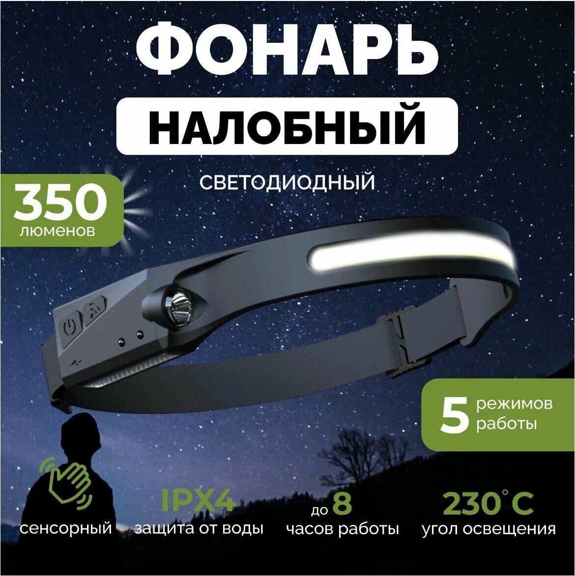 Фонарь налобный HEADLAMP аккумуляторный, светодиодный (гибкая COB панель + боковой светодиод, датчик движения, водонепроницаемый, зарядка USB)