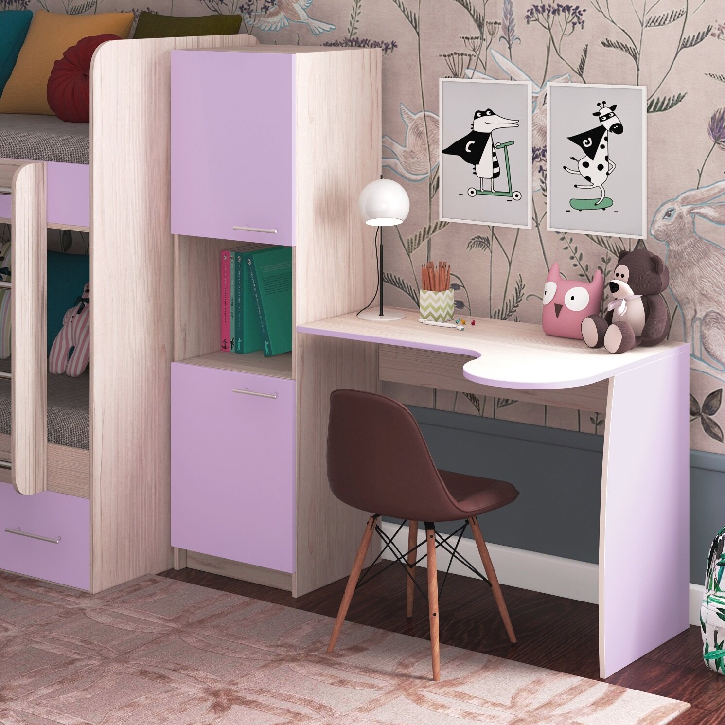 Письменный стол со стеллажом, с пеналом, Есэндвич Лаворо, 145x67,5х150 см, левый (Сосна астрид/Ирис)