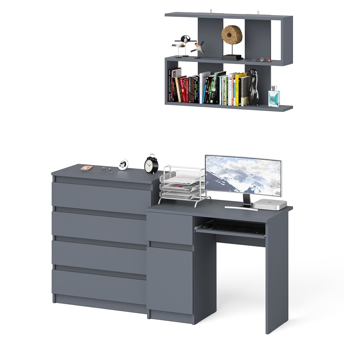 Комод четыре ящика СВК Мори 800-4 со столом с тумбой слева и полкой графит