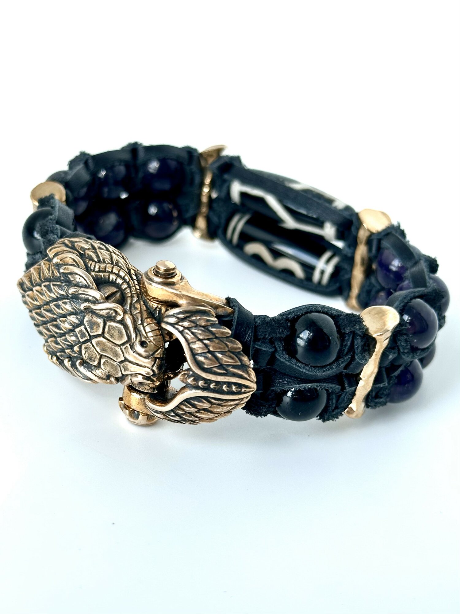 Плетеный браслет Josstone, турмалин черный, аметист, кожа