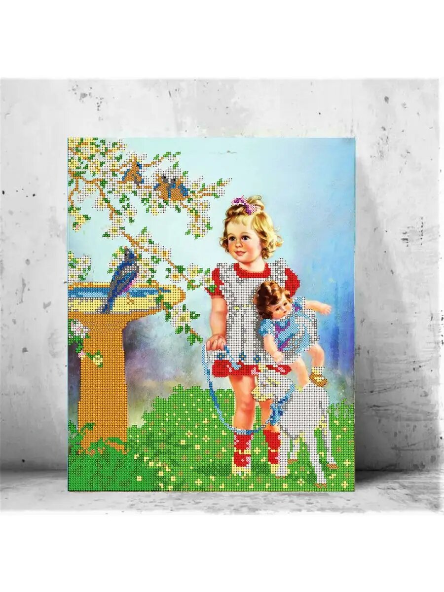 Алмазная мозаика "Весенний день", частичная выкладка, на подрамнике, голубая, белая