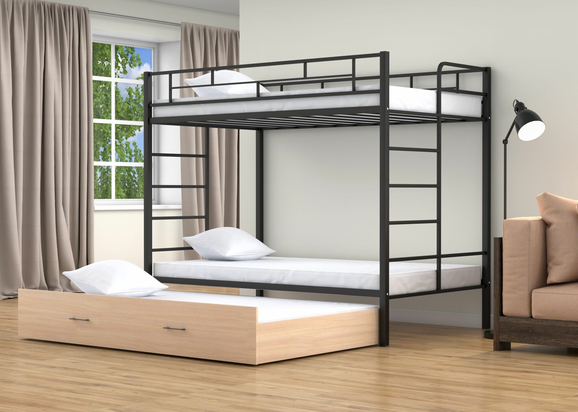 Двухъярусная кровать Валенсия 120 Твист выкатная Черный/Дуб молочный