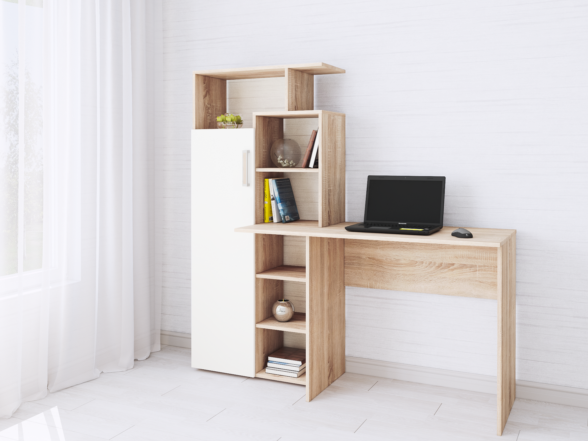 Стол письменный ДМ-36 со стеллажом, ЛДСП, цвет-дуб сонома/белый