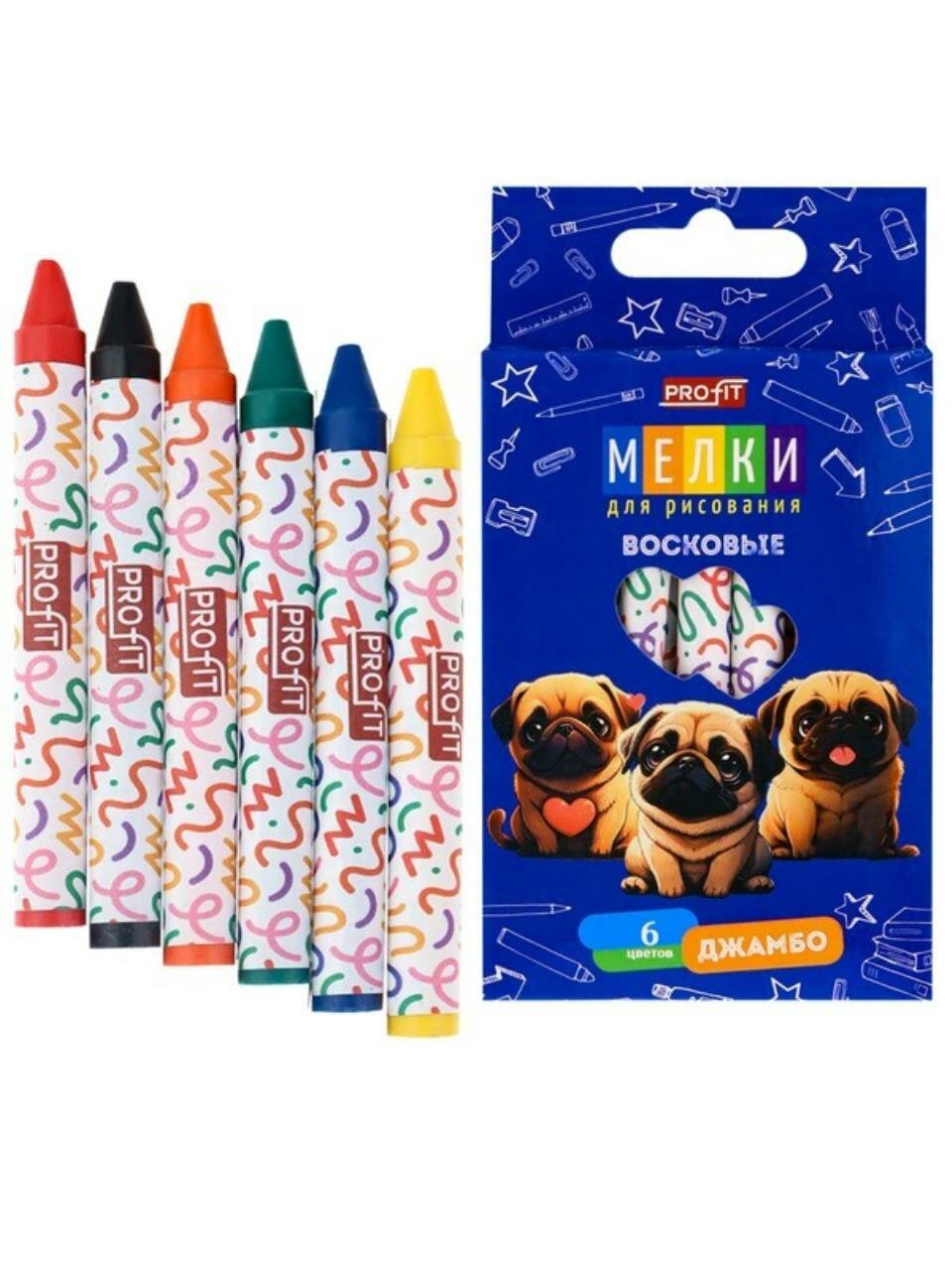 TM"Profit"Набор восковых мелков Джамбо для дет. твор мопсы (ШМ-4526),6цв в к к с подв, кр 24
