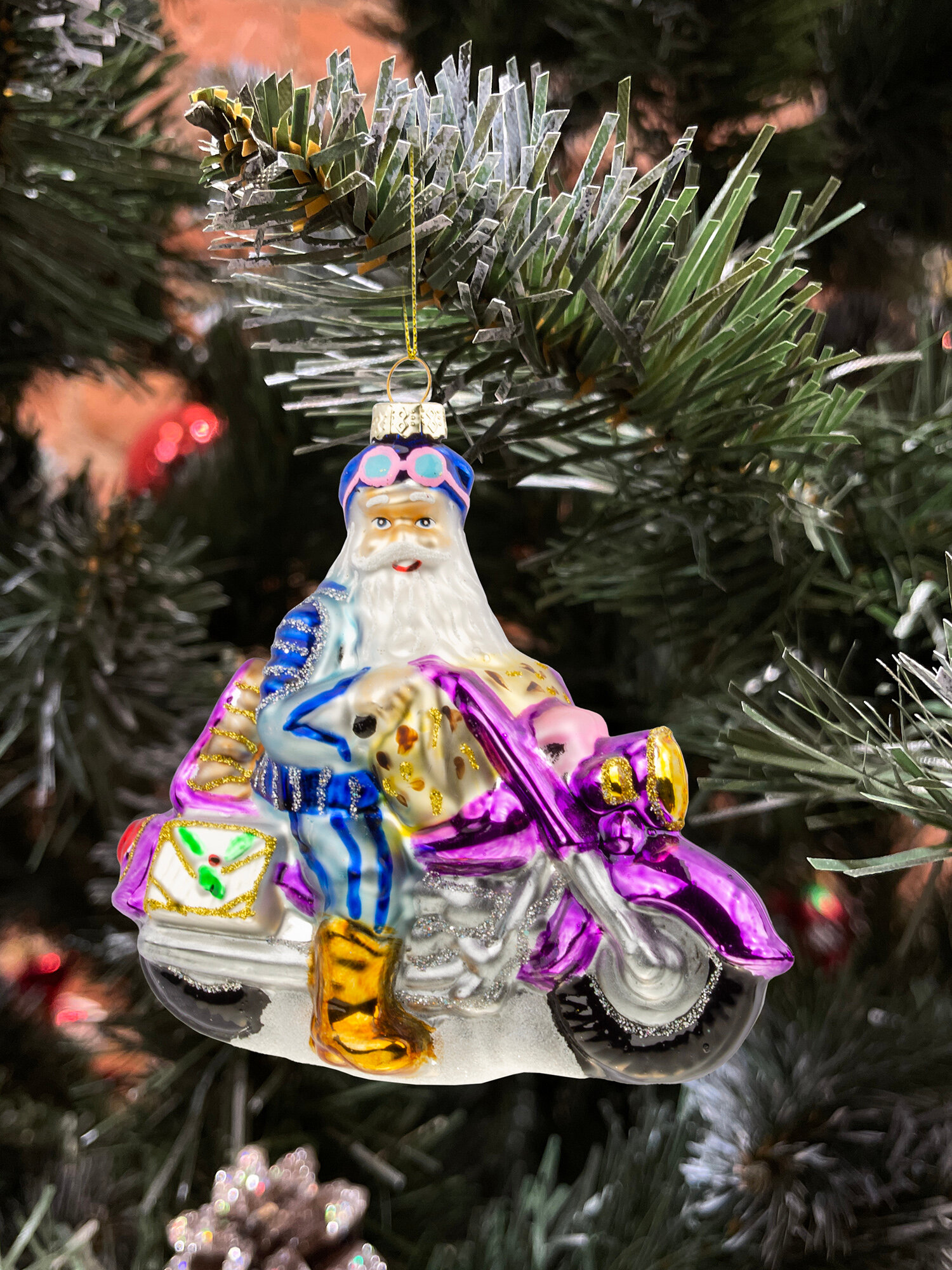 Стеклянная новогодняя елочная игрушка "UltraMarin" 173-LN Дед Мороз мотоциклист 1 шт.