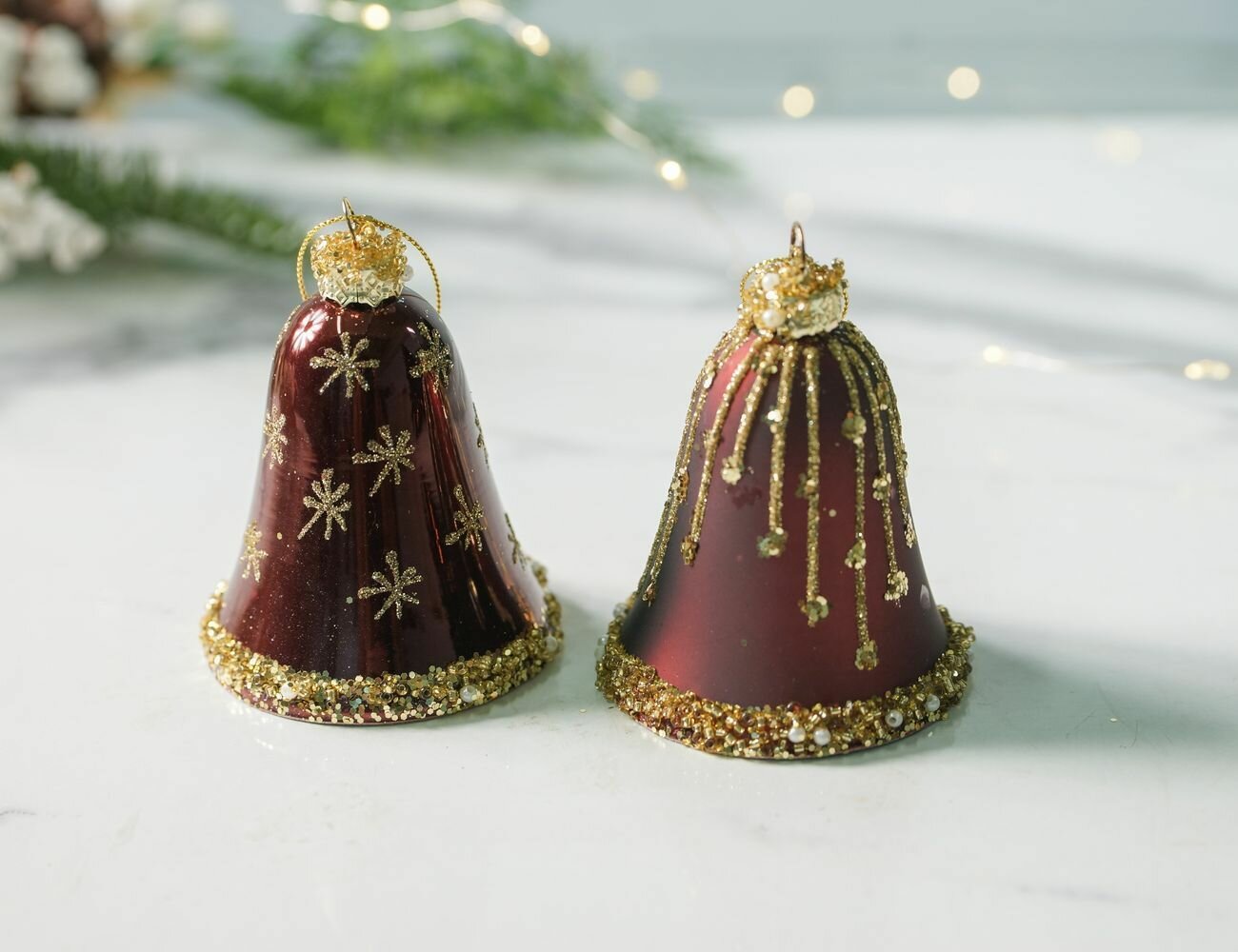 Ёлочные игрушки колокольчики бисерный перезвон, стеклянные, каштановые, 8 см, 2 шт, Kaemingk 120674