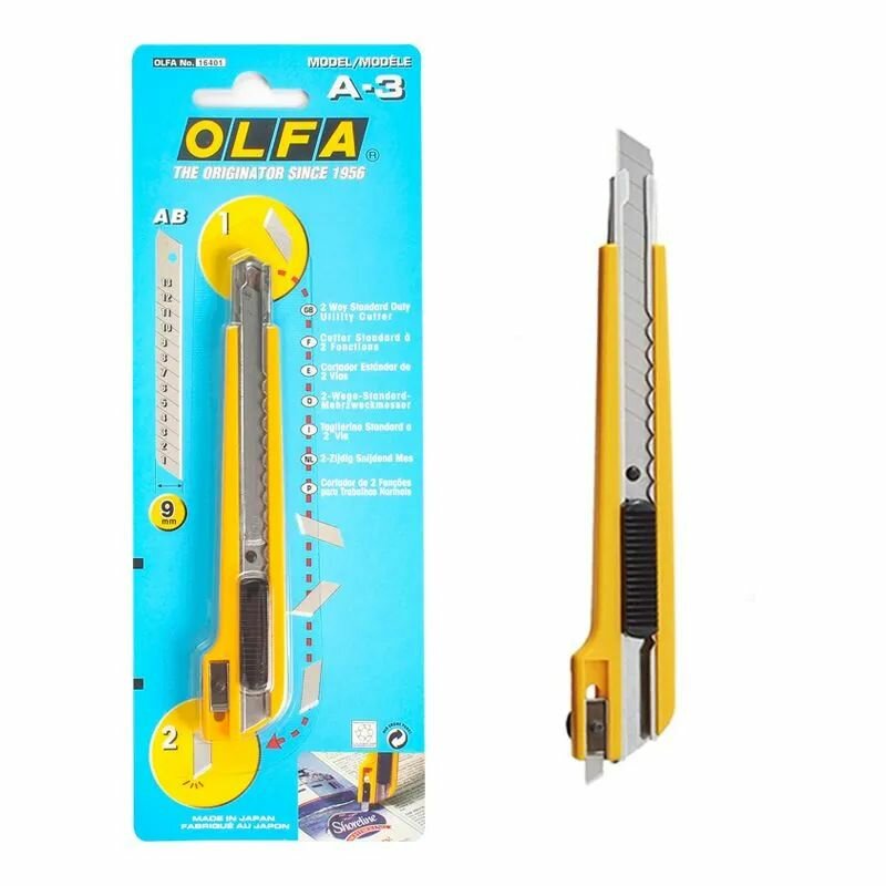 Нож OLFA A-3, японский, хаки, универсальный, 9мм, в упаковке 1 шт