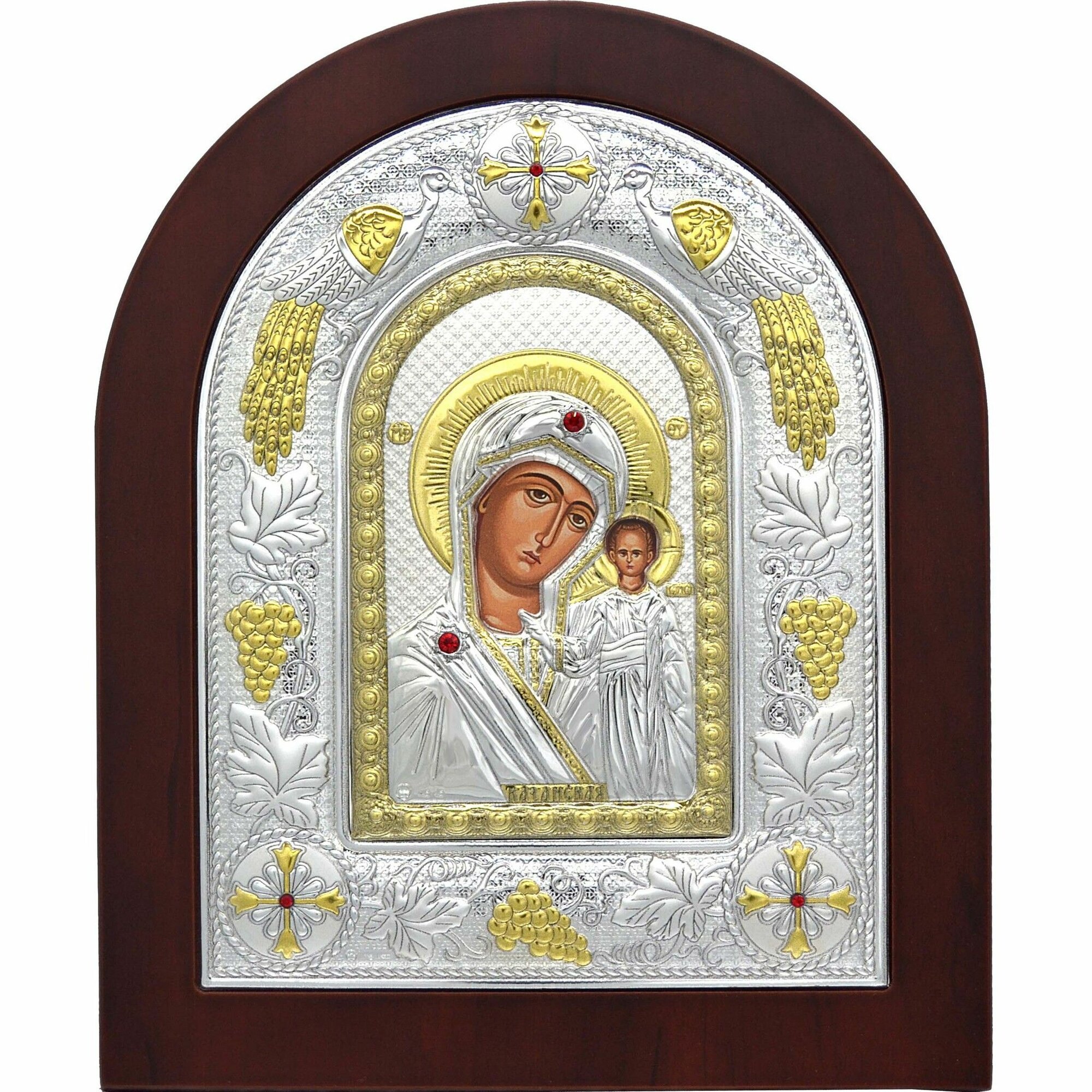 Казанская икона. Икона Божьей Матери в серебряном окладе. (12 х 14 см / Со стразами и позолотой на окладе)
