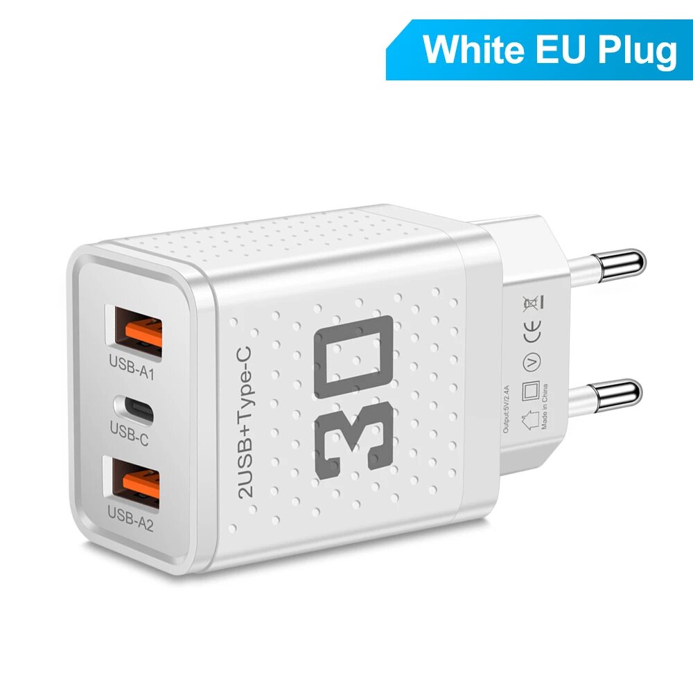 Зарядное устройство с 3 USB-портами и поддержкой быстрой зарядки, 30 Вт EU White