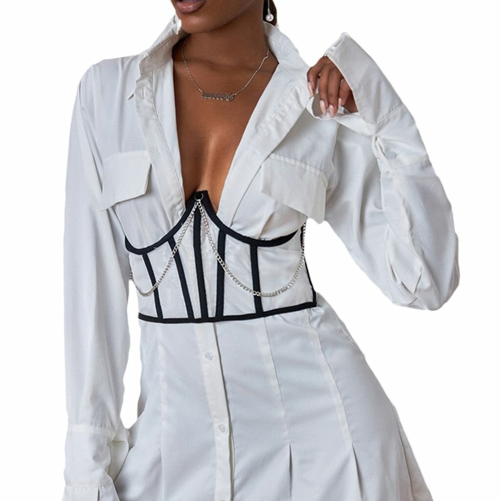 Черный корсет в стиле панк с металлической цепочкой, корсеты на талию Харадзюку, винтажные сетчатые прозрачные пояса-шейперы