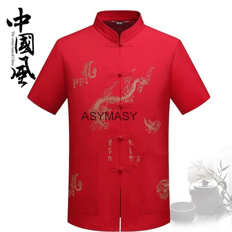Льняной мужской ханьфу ASYMSAY Красный, XXXL(185CM), red short Sleeve