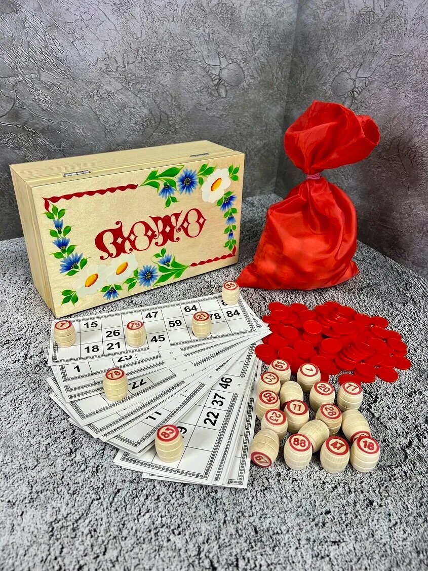 Русское лото с деревянными бочонками "Васильки" в деревянном боксе, роспись