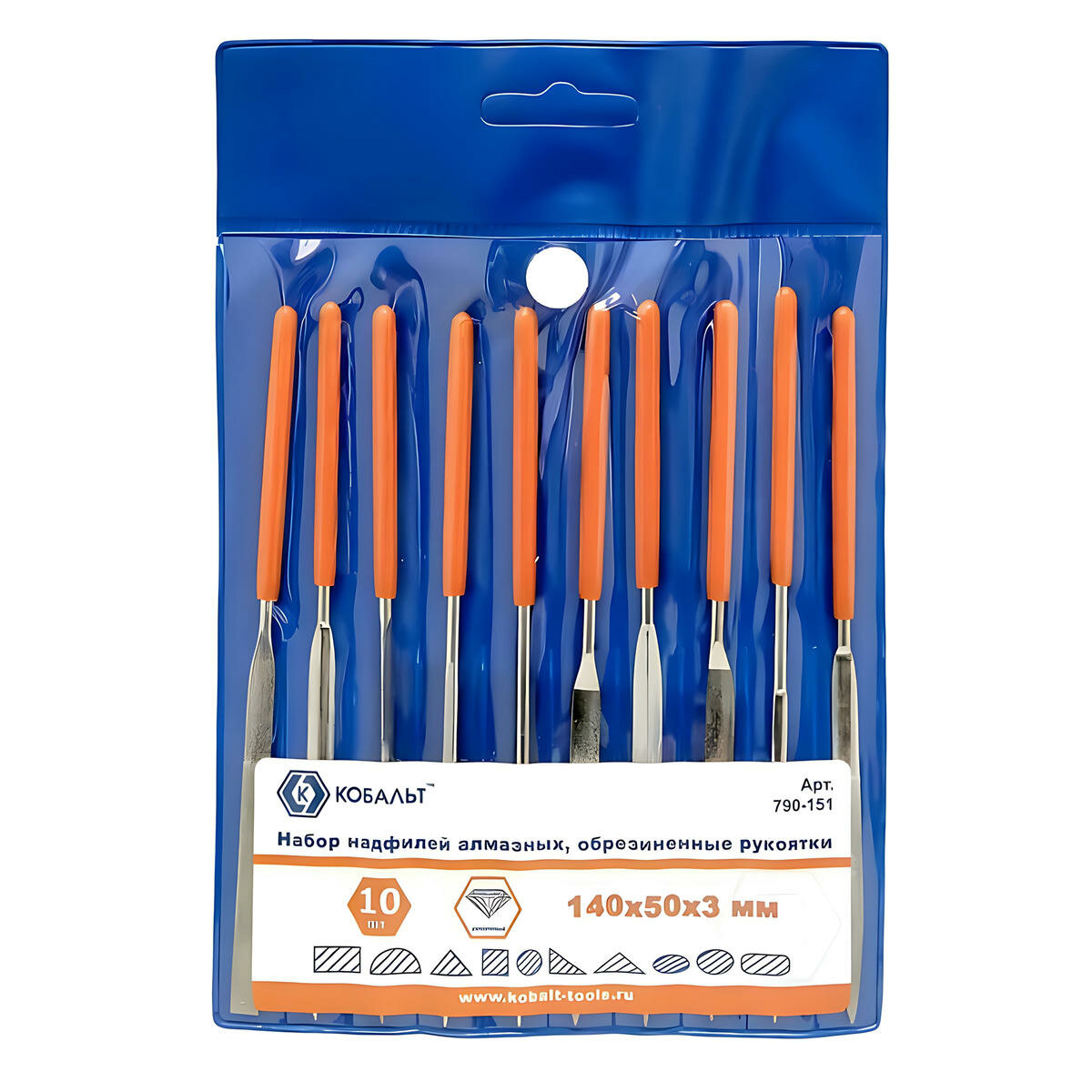 Набор надфилей алмазных 140 мм (10 шт, обрезиненные ручки) кобальт 790-151