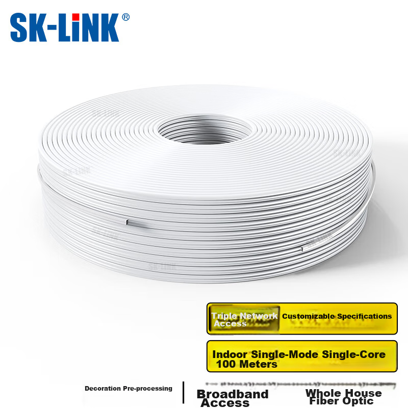 SK-LINK Single-Mode Single-Core Fiber Optic Cable, Indoor 1-Core 2-Steel Wire Fiber Optic Cable, Outdoor Fiber Optic Home Installation, Low Smoke Zero Halogen, 100 Meters (Without Connectors), White, SWGLSM-100M