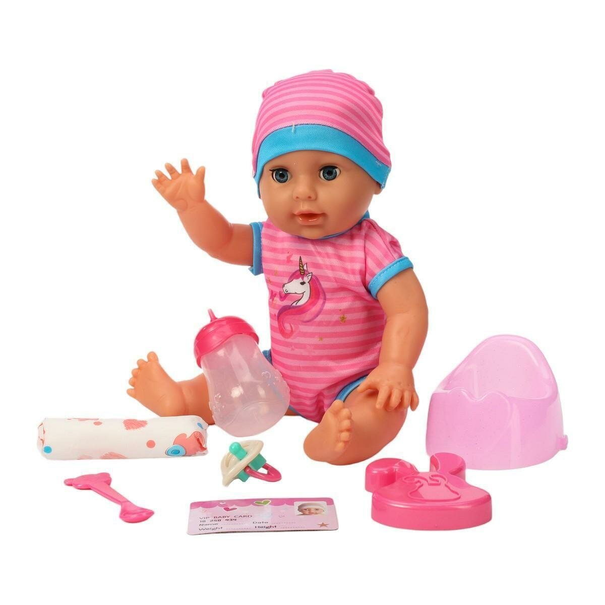 Пупс интерактивный с аксессуарами 35 см, розовый костюм, пьет, смеется, засыпает