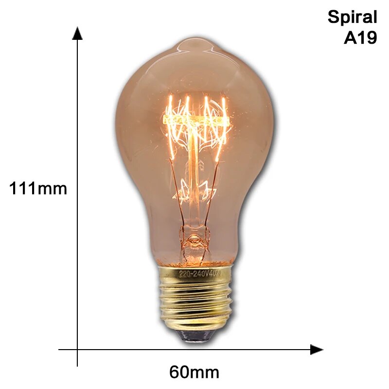 Лампа Эдисона Spiral A19, 220V, испускаемый цвет A19