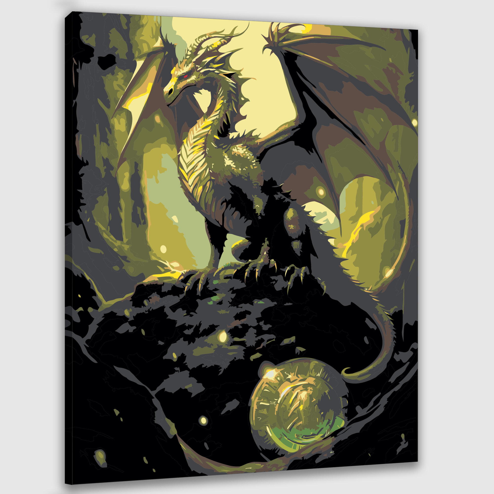 Картина по номерам 40x50 см, дракон, зеленый, парящий, изумрудная чешуя, золотистый свет, тайник, драгоценные сокровища