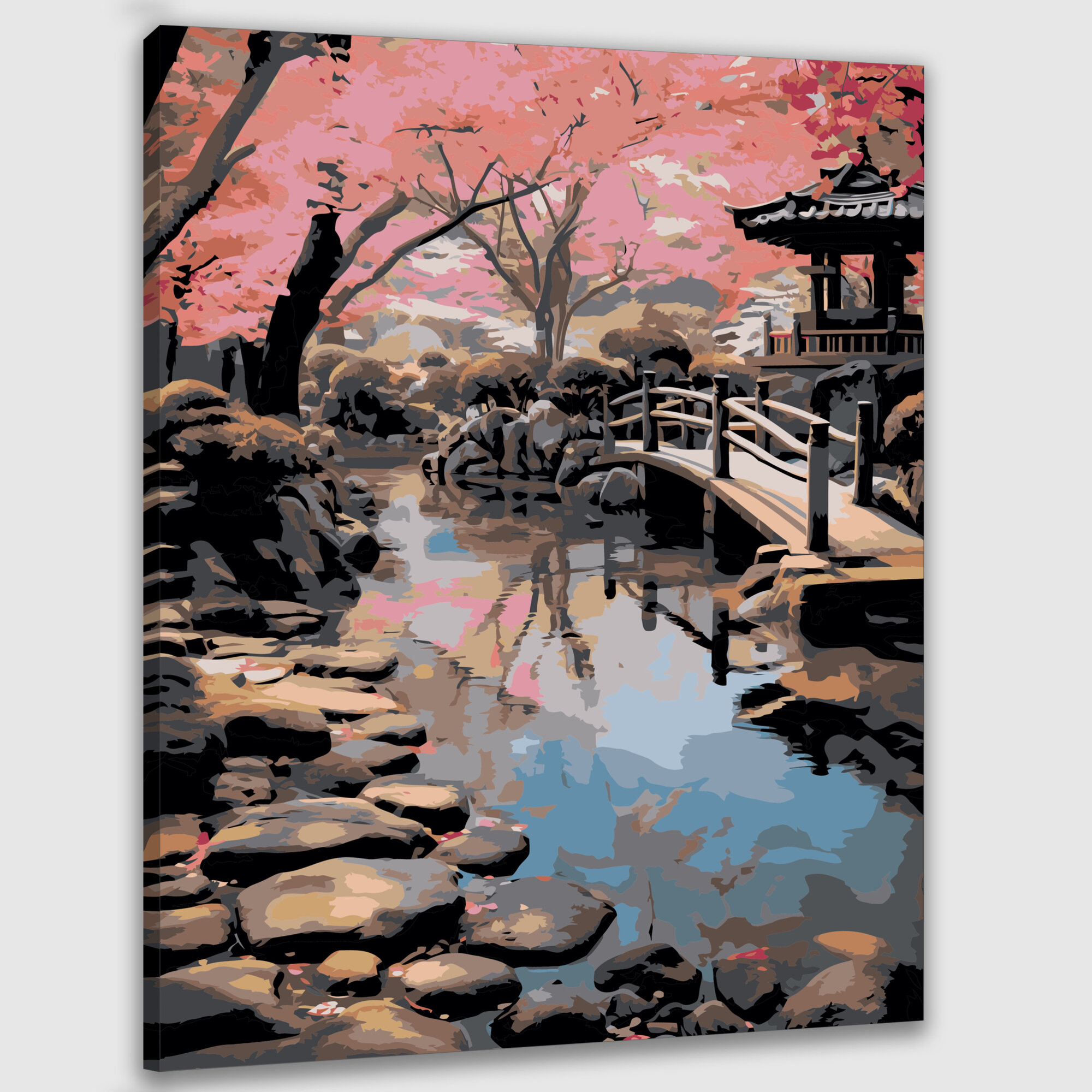 Картина по номерам 40x50 см, фотография, японский сад, пруд, кои, деревья сакуры, лепестки, вода, природа