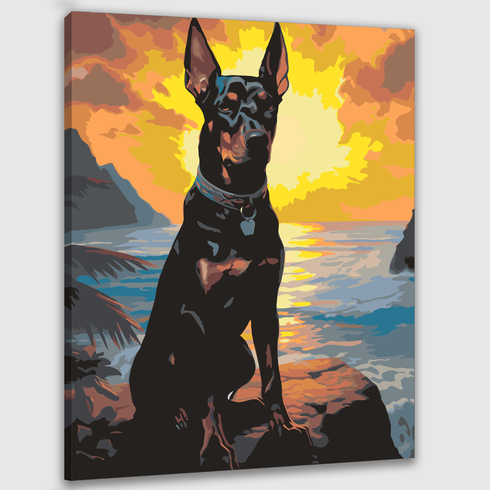 Картина по номерам 40x50 см, картина маслом, доберман, стоящий, гордый, черная шерсть, блестит, солнце, аура силы