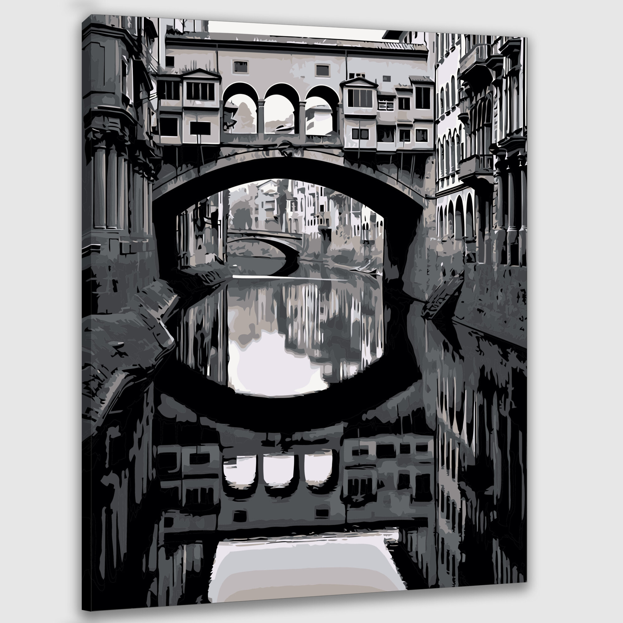 Картина по номерам 40x50 см, Флоренция, канал, архитектурные детали, арки, каменная кладка, черно-белая фотография