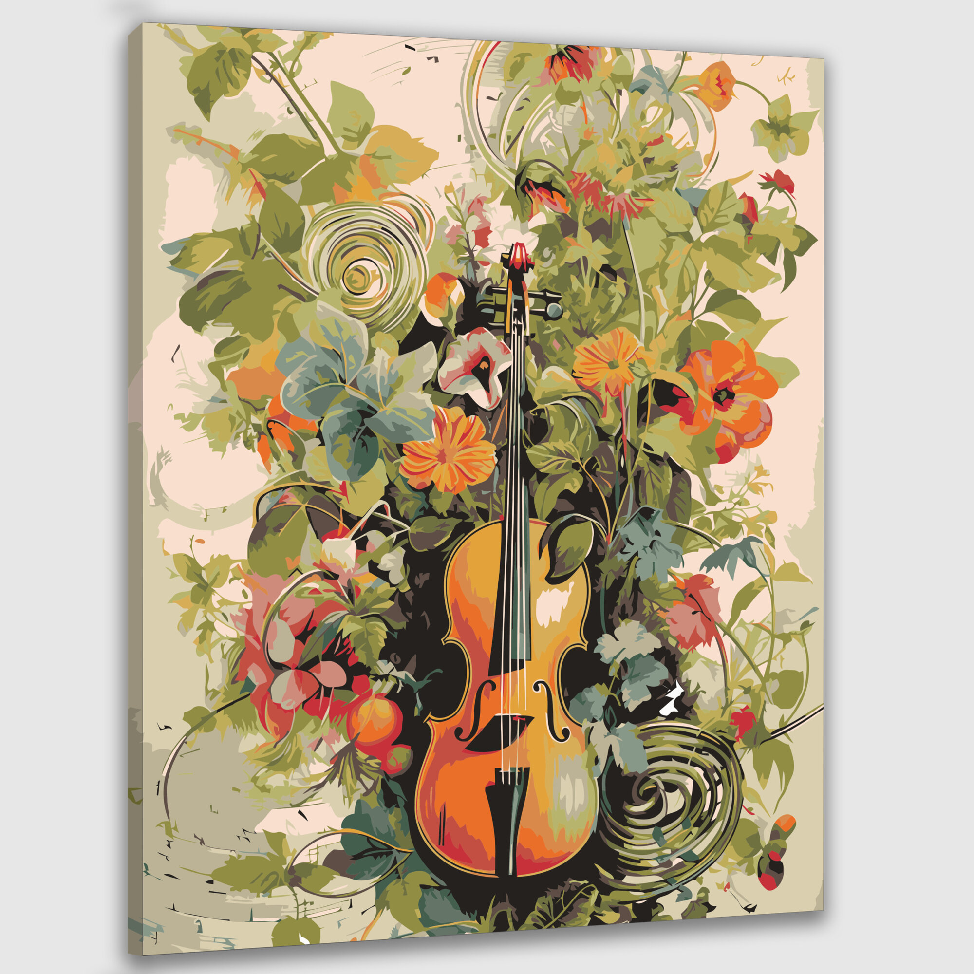 Картина по номерам 40x50 см, мультимедийный коллаж, музыкальные ноты, инструменты, яркие цвета, листва