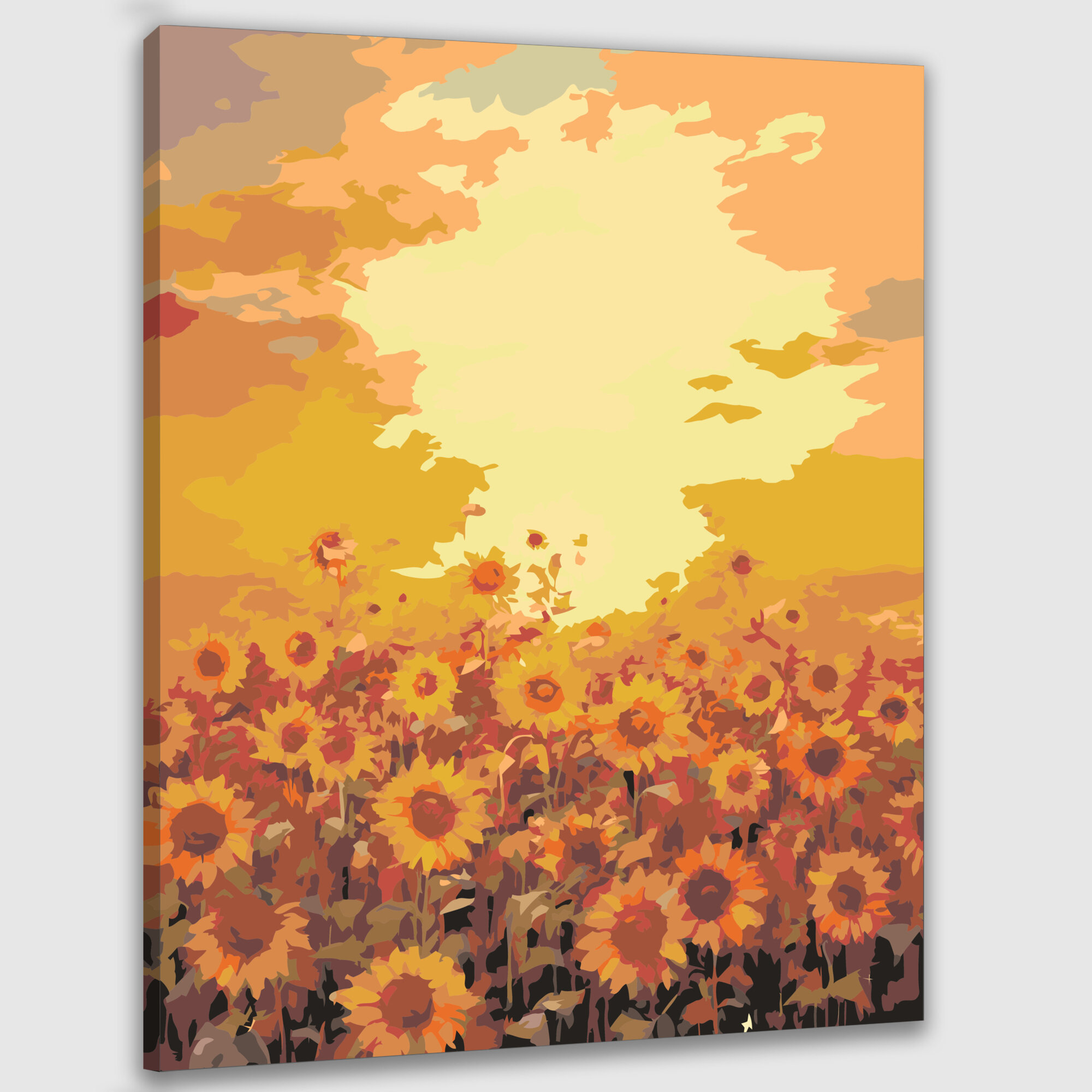 Картина по номерам 40x50 см, поле, подсолнухи, закат, смешанная техника, импрессионизм, мазки кисти, золотистая гамма