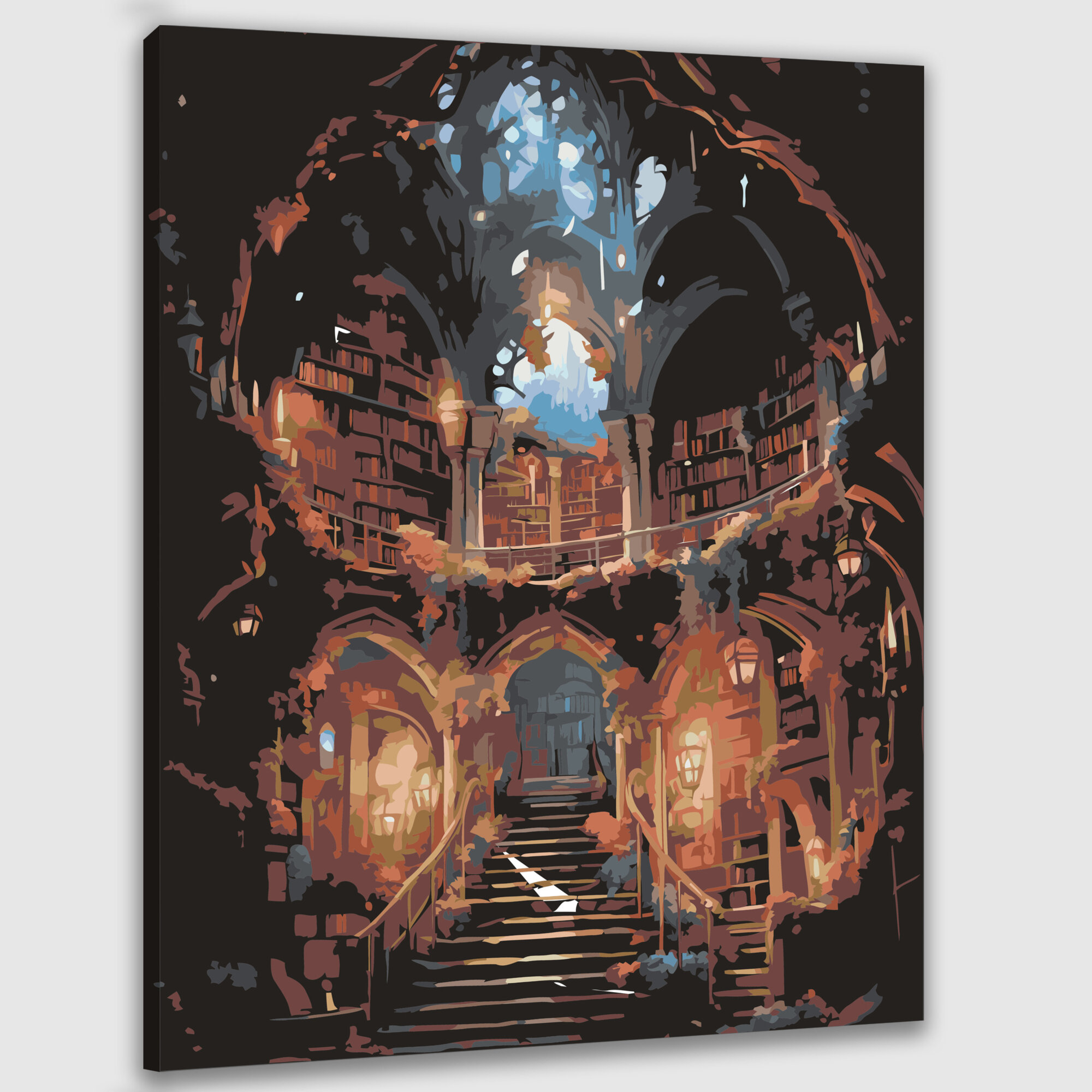 Картина по номерам 40x50 см, акварельная иллюстрация, скрытая библиотека, горная пещера, старинные книги