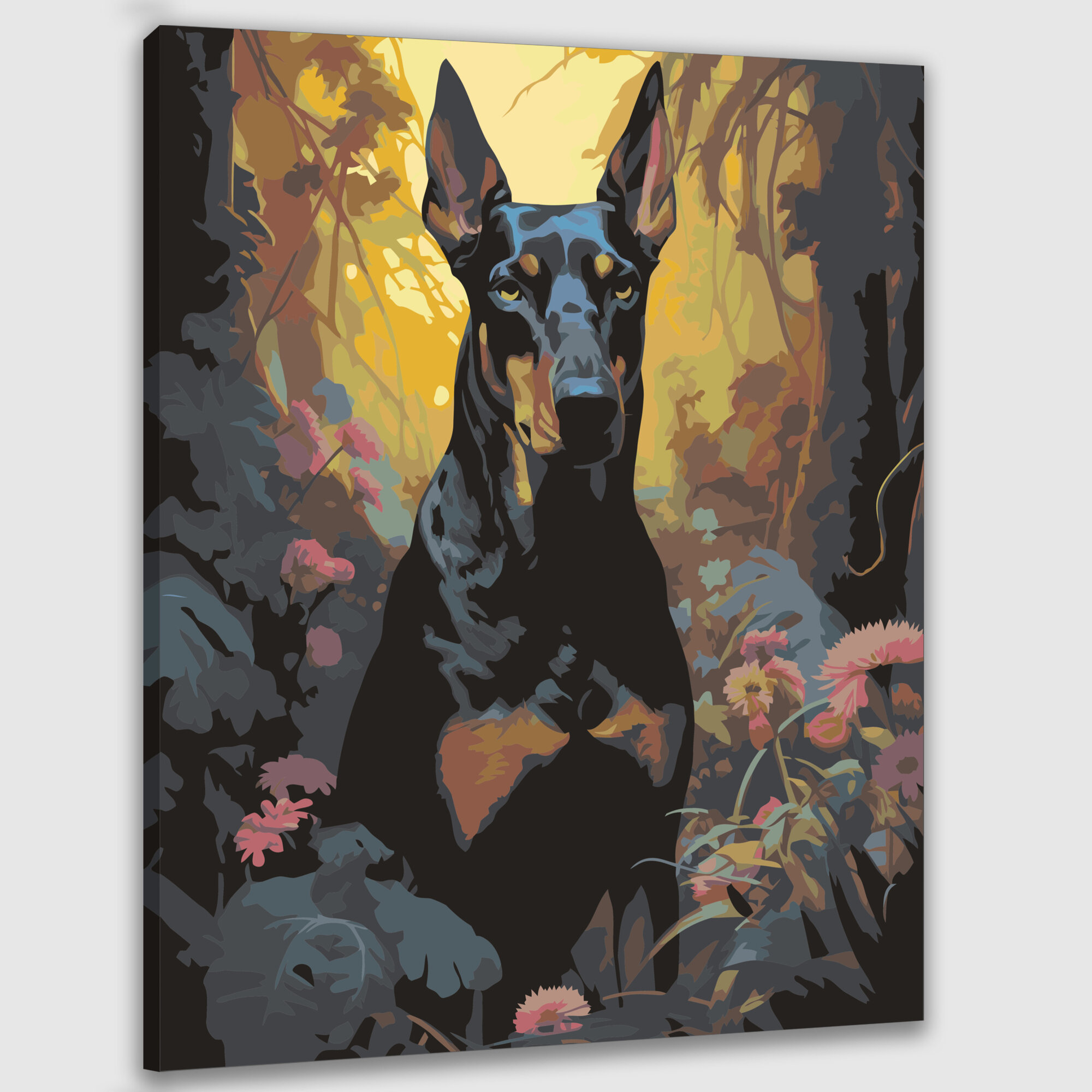 Картина по номерам 40x50 см, картина, масло, доберман, лес, сумерки, глаза, светящиеся, волшебные шары