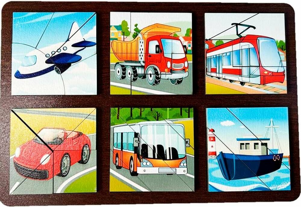 Деревянная развивающая доска "Собери квадрат. Транспорт", 6 цветных картинок, обучающая логическая игра, пазл головоломка с разрезными картинками, учим машины
