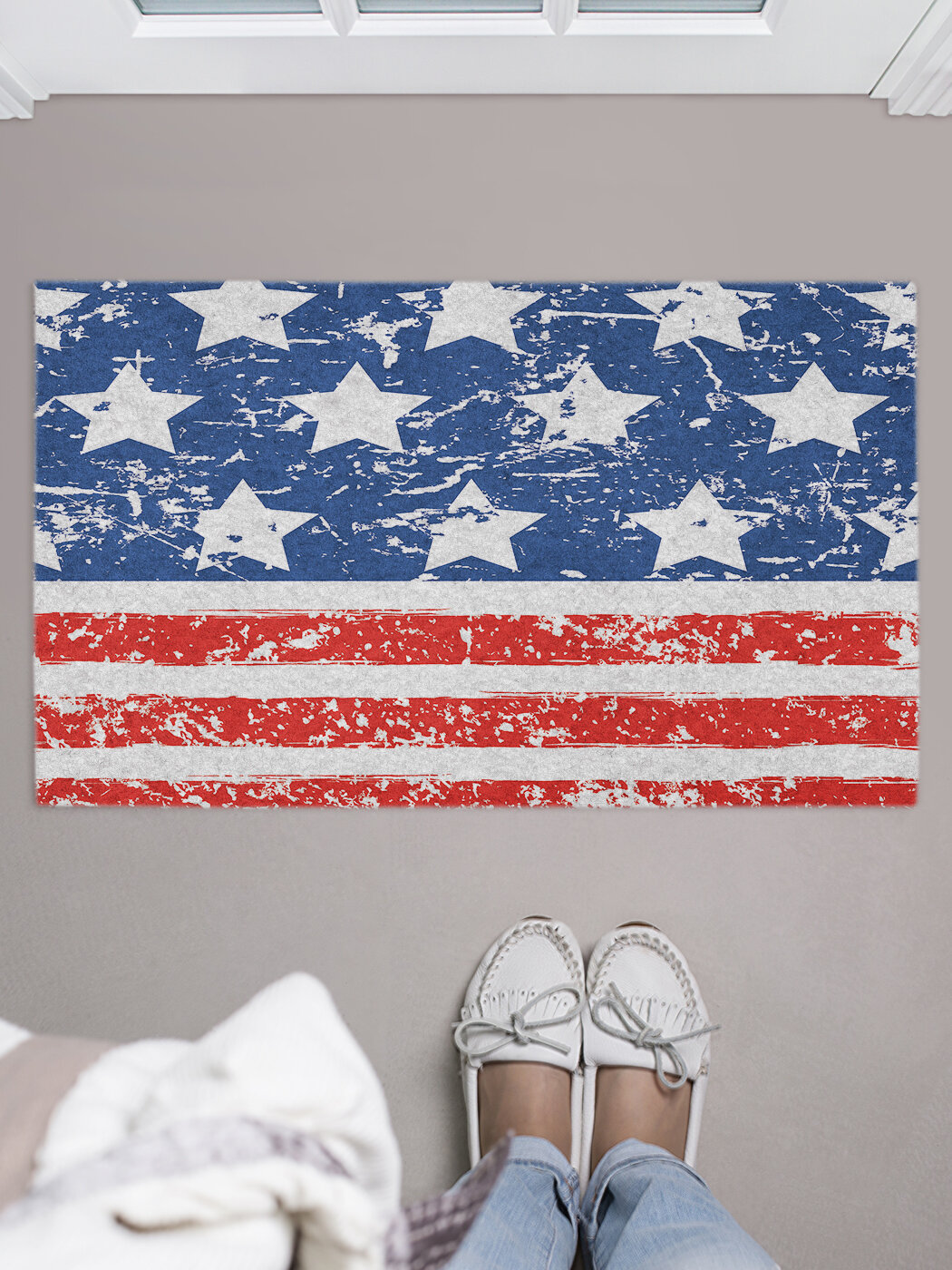 Коврик придверный в прихожую с принтом "Флаг Америки гранж" 45x75 см , JoyArty