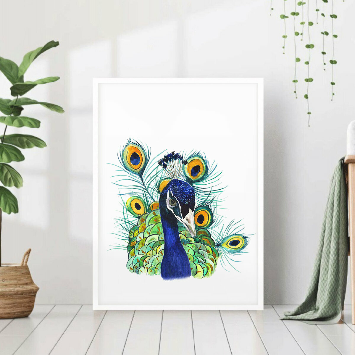 Постер "Портрет павлина рисунок" в белой рамке 40x50 см для интерьера на стену