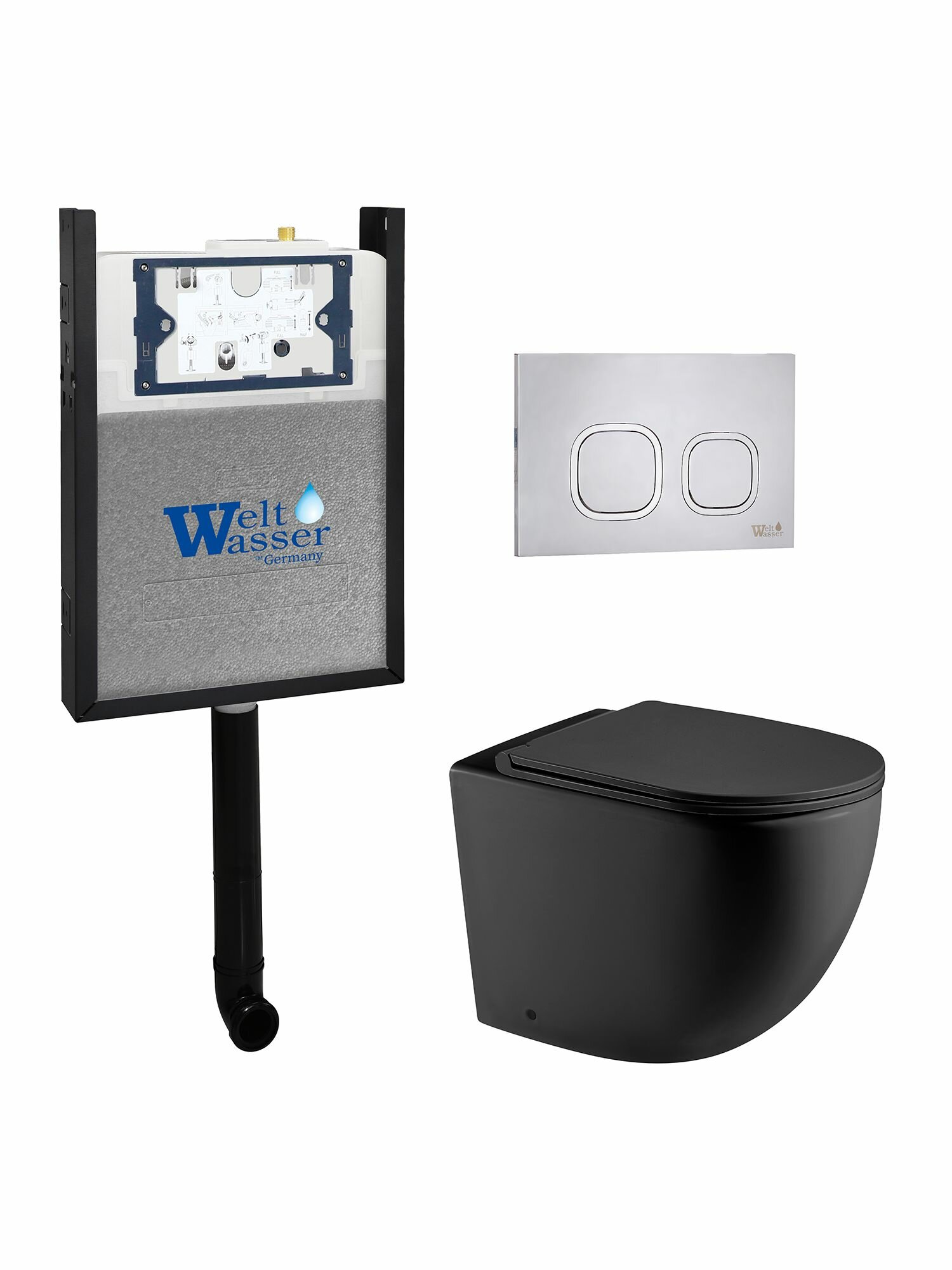 Комплект 6 в 1 WeltWasser: напольный унитаз MERZBACH 002 MT-BL черный матовый+кнопка смыва AMBERG RD-MT CR хром+инсталляция AMBERG 404