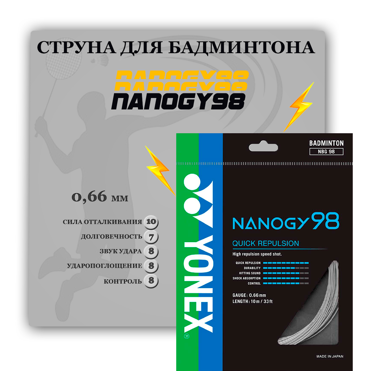 Струна YONEX NANOGY98 , для бадминтона, серебристая, длина 10 м, ширина 0,66 мм, 1шт
