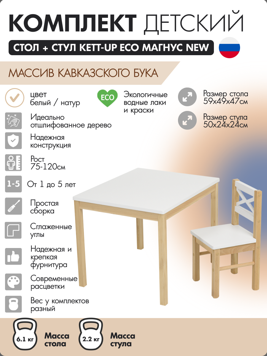 Комплект детский стол + стул KETT-UP ECO магнус NEW белый / натур