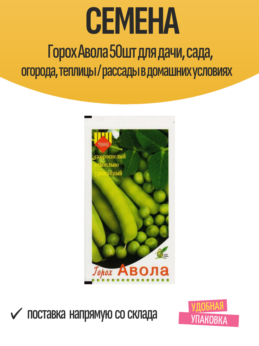 Семена Горох Авола 50шт для дачи, сада, огорода, теплицы / рассады в домашних условиях