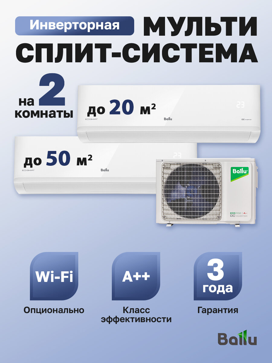 Mульти сплит-система на 2 комнаты 20+50м2 инвертор Ballu Multi Smart BM2OI-FM-18HN8/EU + BSYI-FM-07HN8/EU + BSYI-FM-18HN8/EU