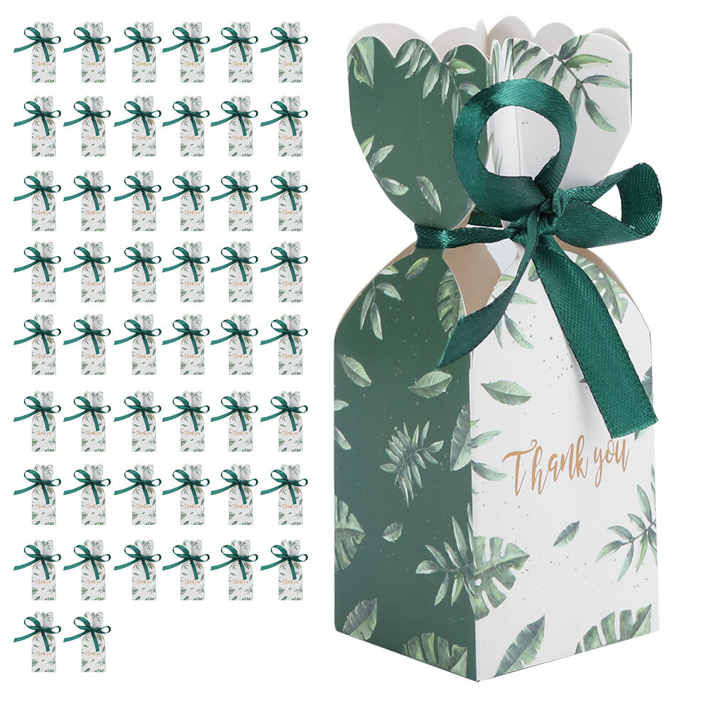 50pcs Wedding Sweets Box Packaging Party Favor Birthday Gift Boxes With RibbonGreen Leaves