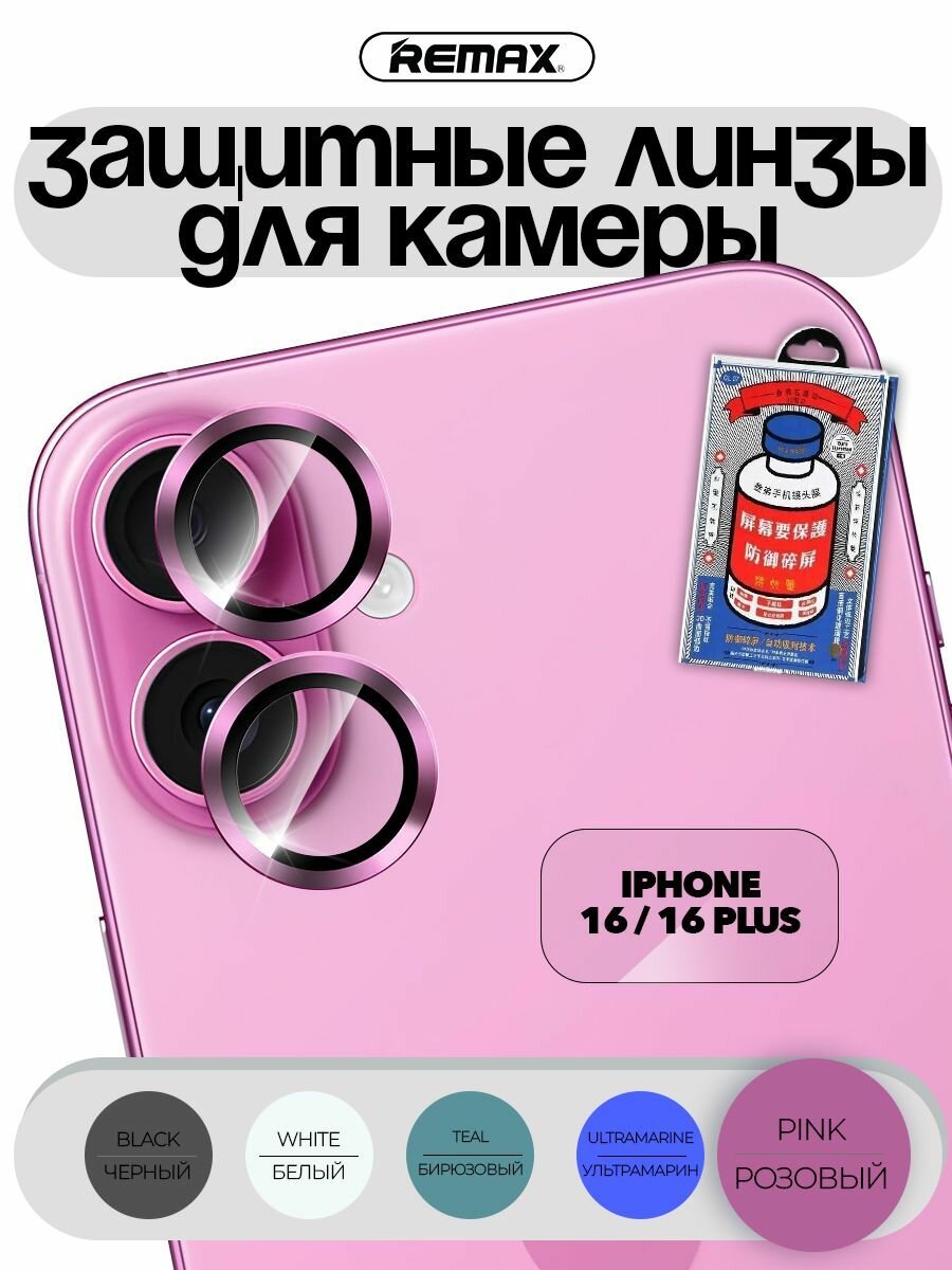 Линзы для камеры iPhone 16 / 16 Plus (для цвета розовый/pink), REMAX GL-27, розовые линзы