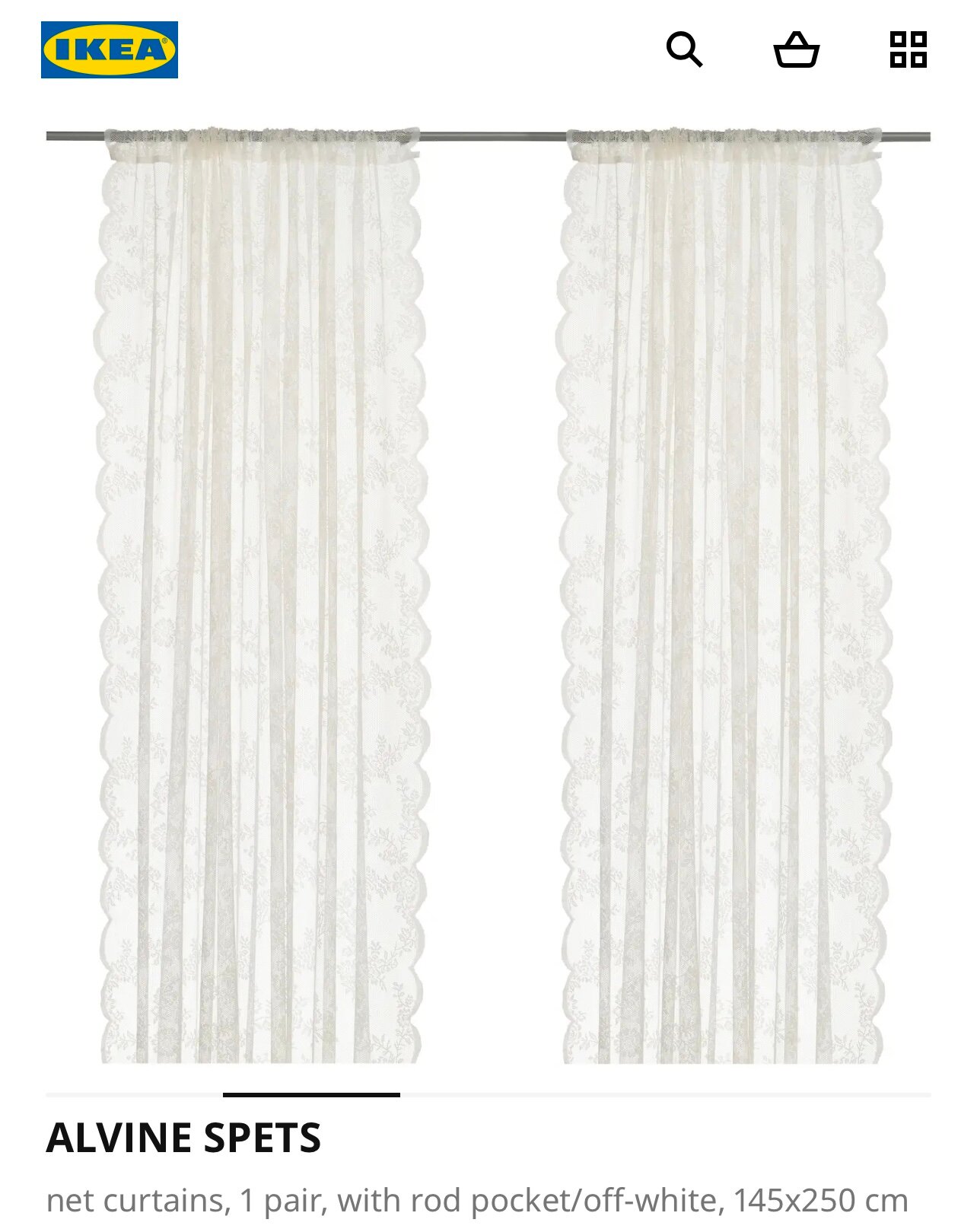 Сетчатые шторы IKEA ALVINE SPETS, 1 пара, для штанги, бело-кремовый, 145x250 см