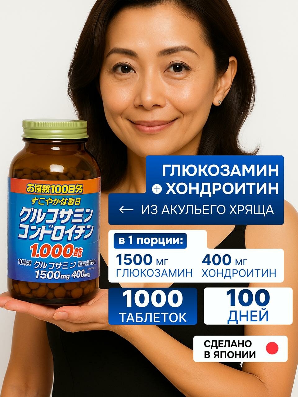 БАД Глюкозамин и хондроитин 250 мг (1000 таблеток) Yuwa Япония, витамины для суставов, связок и хрящей, при артрите и остеохондрозе, хондропротектор