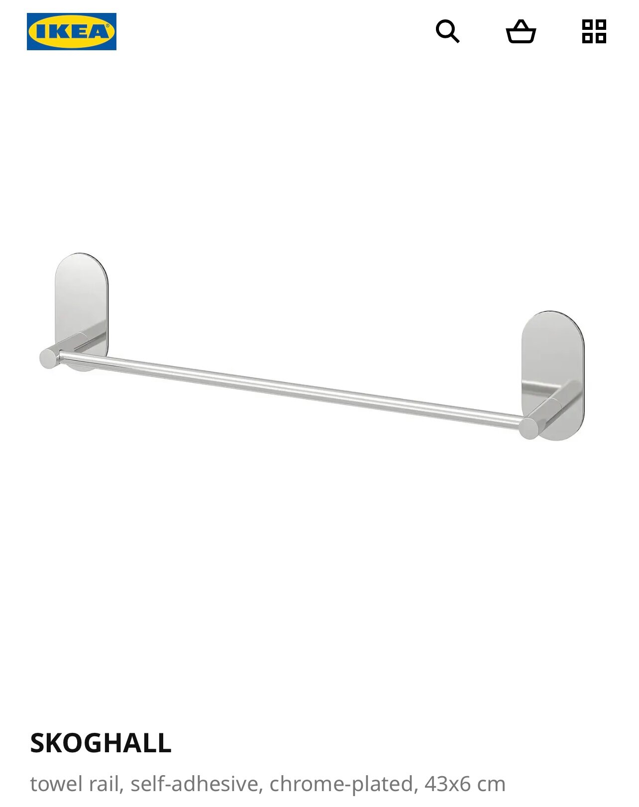 Полотенцедержатель SKOGHALL IKEA, самоклеящий, хромированный, 43x6 см